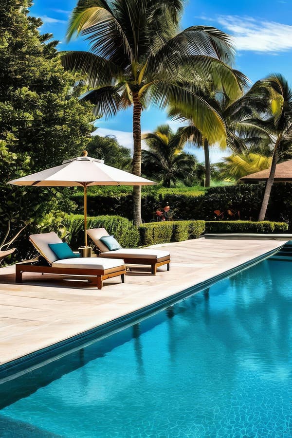 Luxurious Resort Pool with Palm Trees and Blue Water Stock Illustration ...