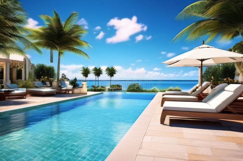 Luxurious Resort Pool with Palm Trees and Blue Water Stock Illustration ...