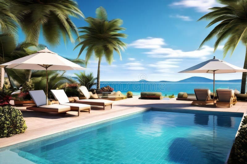 Luxurious Resort Pool with Palm Trees and Blue Water Stock Illustration ...