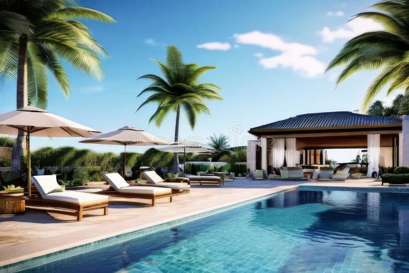 Luxurious Resort Pool with Palm Trees and Blue Water Stock Illustration ...