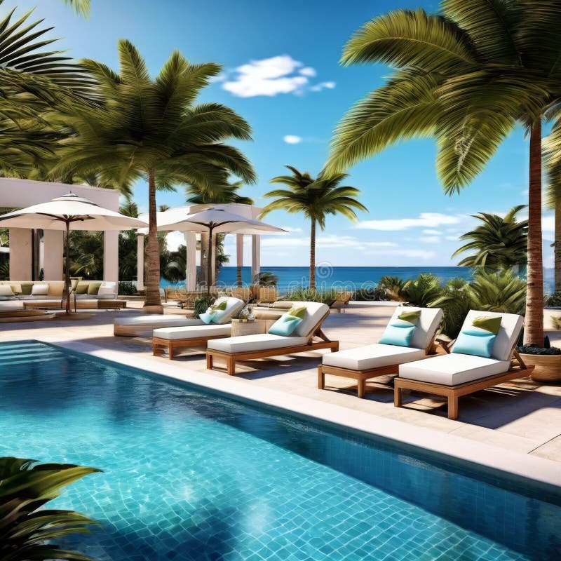 Luxurious Resort Pool with Palm Trees and Blue Water Stock Illustration ...