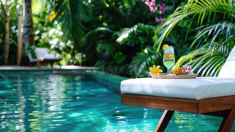 Luxurious Resort Poolside with Tropical Drink and Flowers Stock Image ...