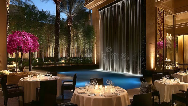 Luxurious Restaurant Setting Tranquil Waterfall Poolside Dining Elegant ...