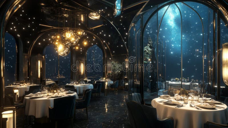 A Luxurious Restaurant with a View of the Night Sky Stock Illustration ...