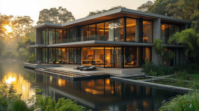 Luxurious Riverside Villa at Sunset with Modern Architecture and Scenic ...
