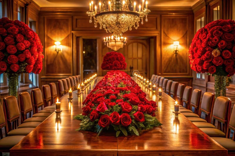 Luxurious Romantic Dinner Setting with Red Roses and Candlelight on a ...
