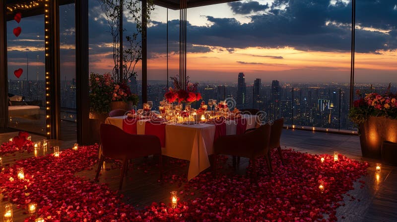 A Luxurious Rooftop Dining Setup with Valentines Decor and Panoramic ...