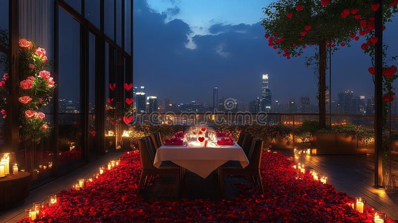 A Luxurious Rooftop Dining Setup with Valentines Decor and Panoramic ...