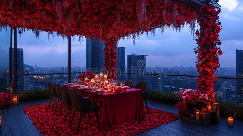 A Luxurious Rooftop Dining Setup with Valentines Decor and Panoramic ...