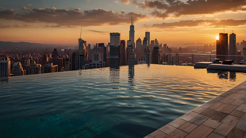 A Luxurious Rooftop Infinity Pool Overlooking a City Skyline at Sunset ...