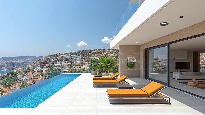 Luxurious Rooftop Patio with Infinity Pool, Panoramic City Views Stock ...