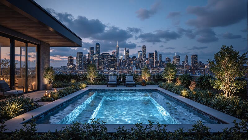 Luxurious Rooftop Penthouse with Private Pool City Views at Night Stock Illustration ...