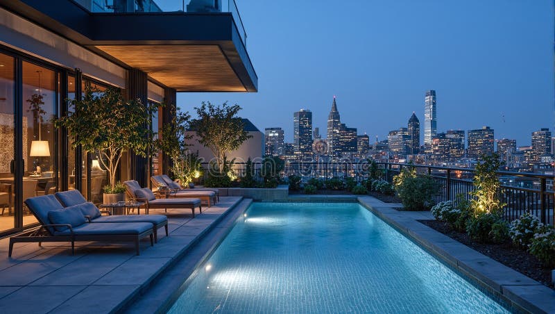 Luxurious Rooftop Penthouse with Private Pool City Views at Night Stock ...