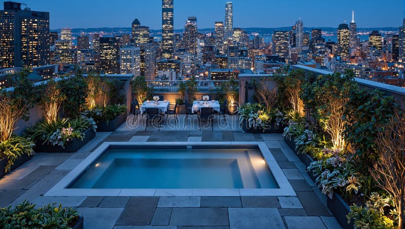 Luxurious Rooftop Penthouse with Private Pool City Views at Night Stock ...