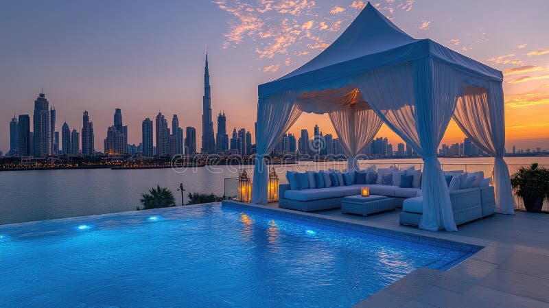 Luxurious Rooftop Pool with Canopy Overlooking Stunning City Skyline at ...