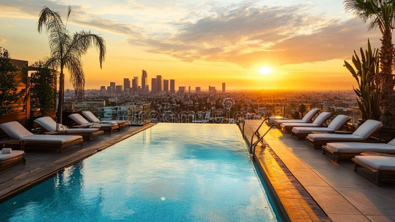 A Luxurious Rooftop Pool with Lounge Chairs and a Panoramic City View ...