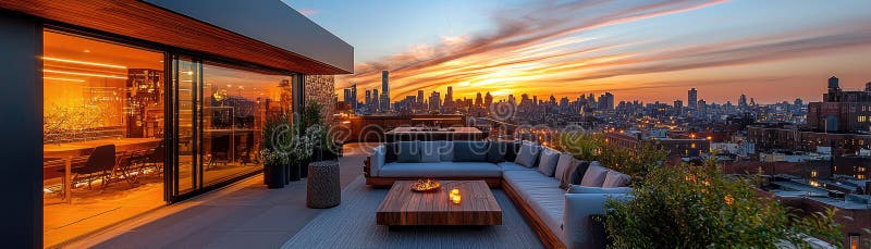 Luxurious Rooftop Terrace with Cityscape View at Sunset in Modern Urban ...