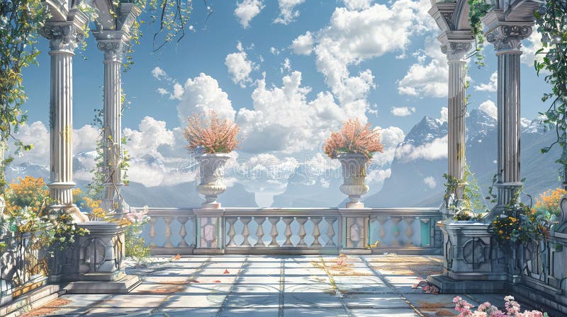 A Luxurious Rooftop Terrace Features Ornate Columns, a Panoramic ...