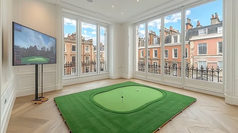 A Luxurious Room Featuring Indoor Golf Simulator and Views Stock ...