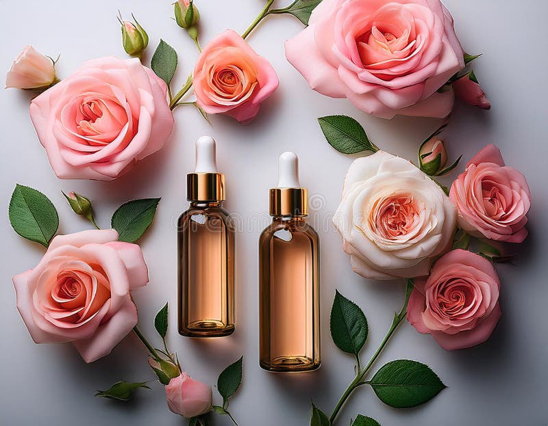 Rose Serum Bottles: Beauty Elixir on White Background - Top View Stock ...