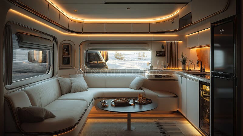 Luxurious RV Interior with L-shaped Sofa, Coffee Table, Kitchenette ...