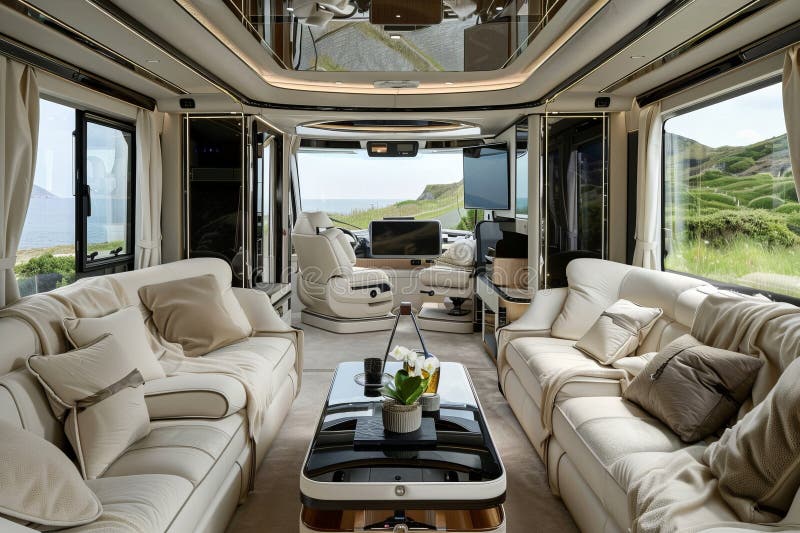 Luxurious RV Interior on a Road Trip, Plush Seating and Spacious Design ...