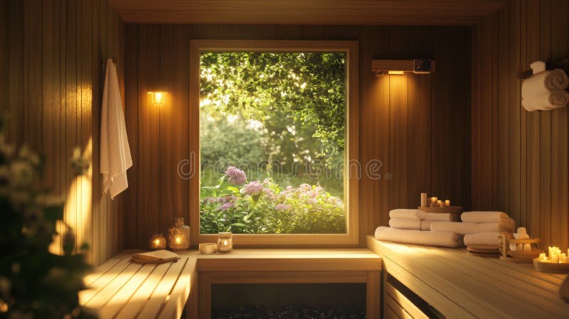 Luxurious Sauna with a Window View of a Garden Stock Illustration ...
