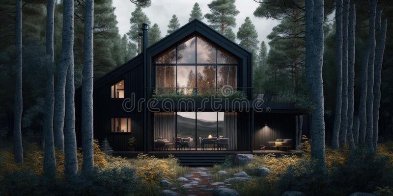 Luxurious Scandinavian Nordic Home in the Forest in Evening Scene Stock ...
