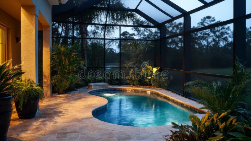 Luxurious Screened Pool Patio at Dusk in Tropical Setting Stock Photo ...