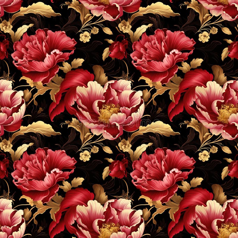 Luxurious Seamless Pattern with Red and Gold Flowers on a Black ...