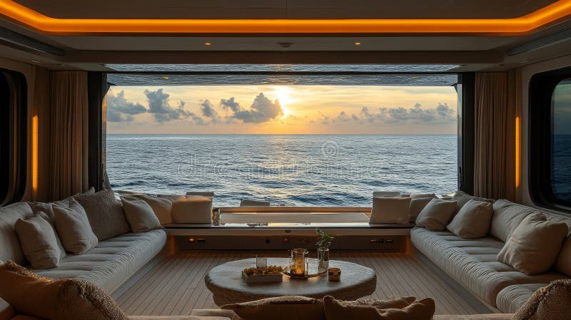 Luxurious Ship Interior with Scenic Ocean Sunset View through Porthole ...
