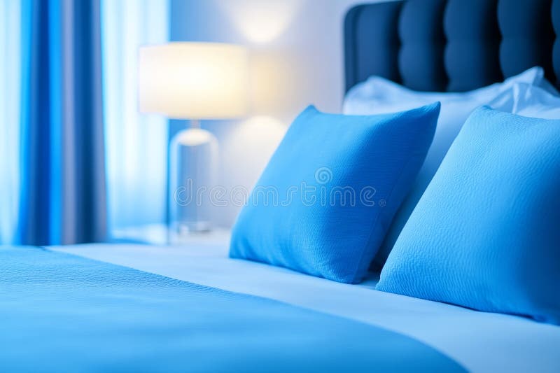 Luxurious Silver Bed Adorned with Deep Blue Bedding and Elegant Decor ...