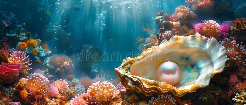 Luxurious Single Pearl in an Open Shell Amidst a Vibrant Coral Reef ...