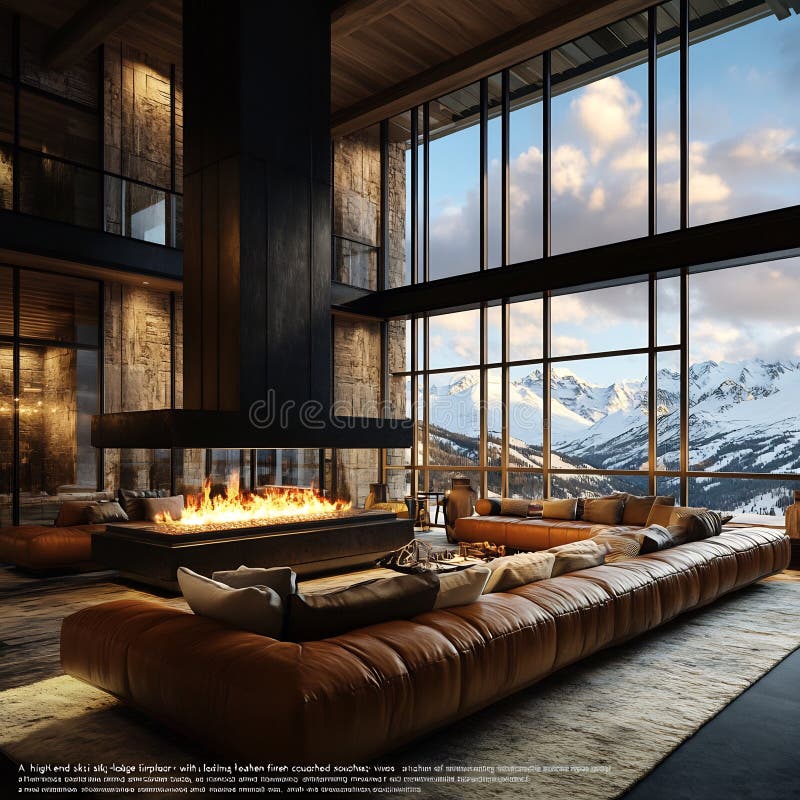 Luxurious Ski Lodge Interior Featuring Expansive Windows with a ...