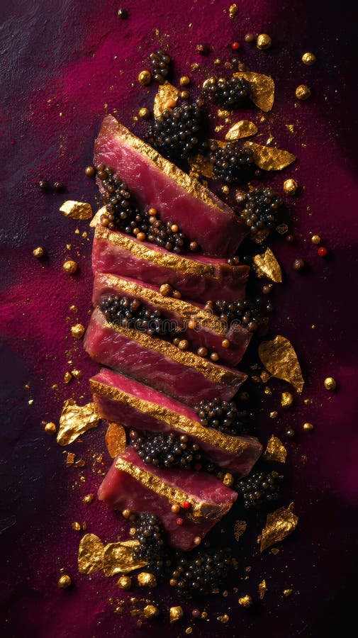 Luxurious Slices of Beef with Gold Leaf and Black Caviar on Dark Red ...