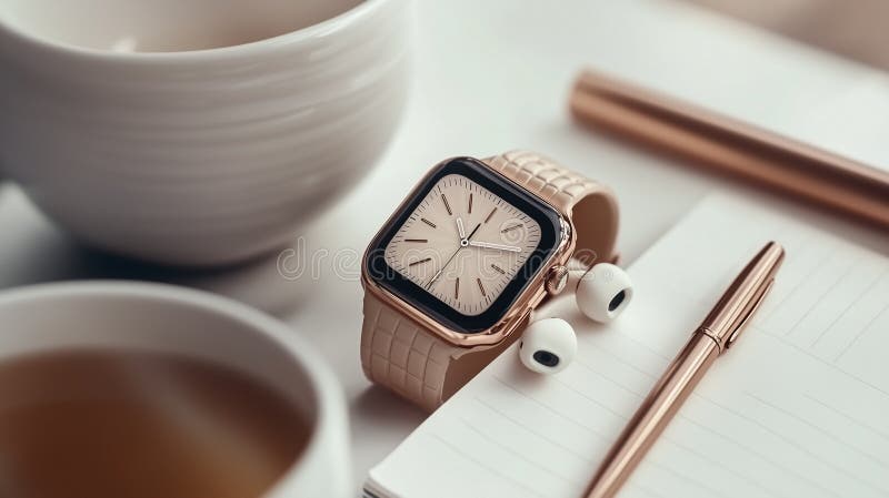 Elegant Smartwatch with Gold Accents on a Stylish Workspace Stock ...