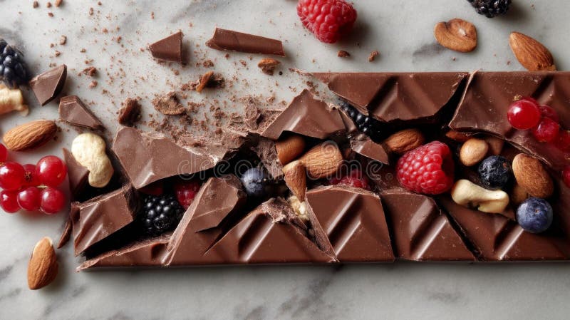 Smooth Dark Chocolate Bar Shatters on a Marble Surface with Assorted Nuts and Berries Stock ...