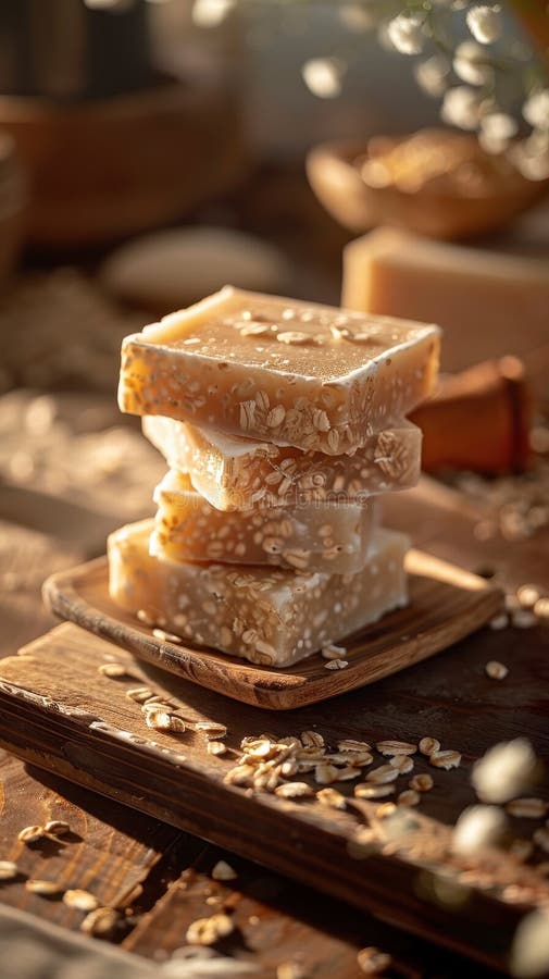 Luxurious Soap Trio for Silky Smooth Skin Placed on a Wooden Table in a ...