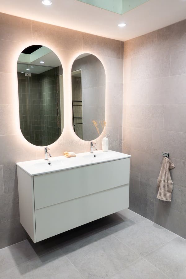 Luxurious Soft Colored Bathroom Design with Double Wash Basins and ...