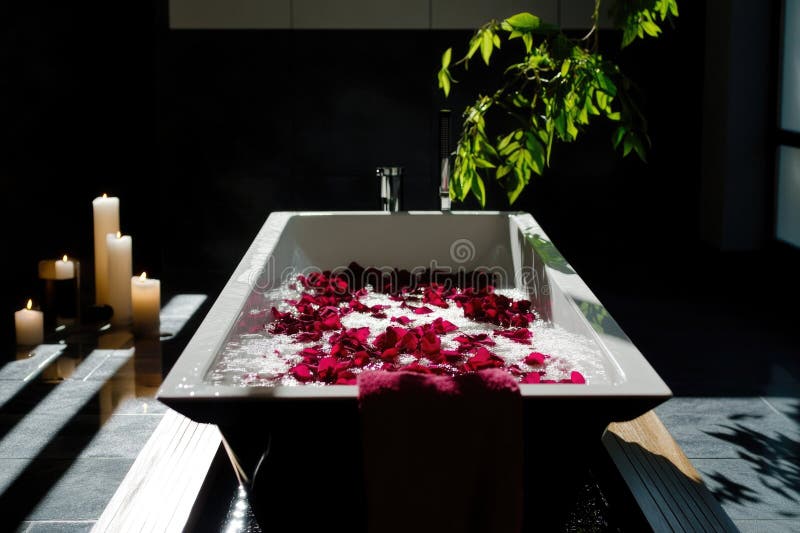 Luxurious Spa Bath with Rose Petals and Candlelight Ambiance Stock ...