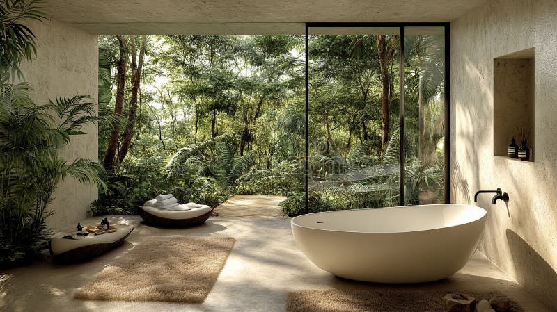 Luxurious Spa Bathroom with Jungle View Stock Illustration ...