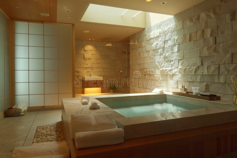 Luxurious Spa Bathroom with Stone Walls and Large Bathtub Stock Image ...