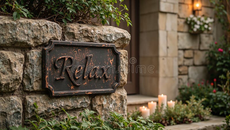 Luxurious Spa Entrance Sign on Stone Wall with Candles and Greenery ...