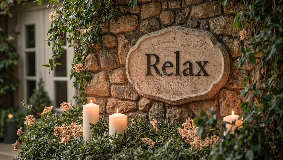 Luxurious Spa Entrance Sign on Stone Wall with Candles and Greenery ...