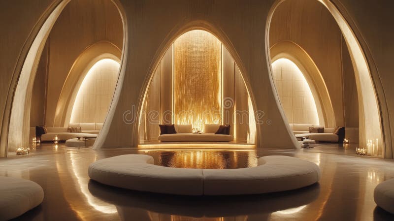 Luxurious Spa Interior with Golden Lighting and Reflective Water ...