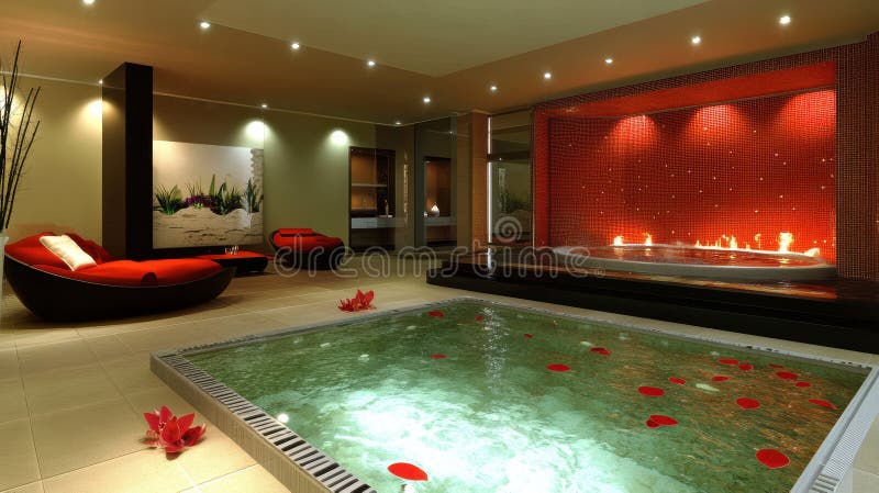 Luxurious Spa Interior with Red Accents and Tranquil Pools Stock ...