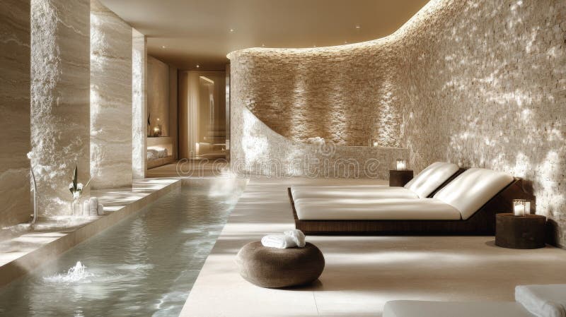 Luxurious Spa Interior with Stone Walls, a Pool, and Lounging Areas ...