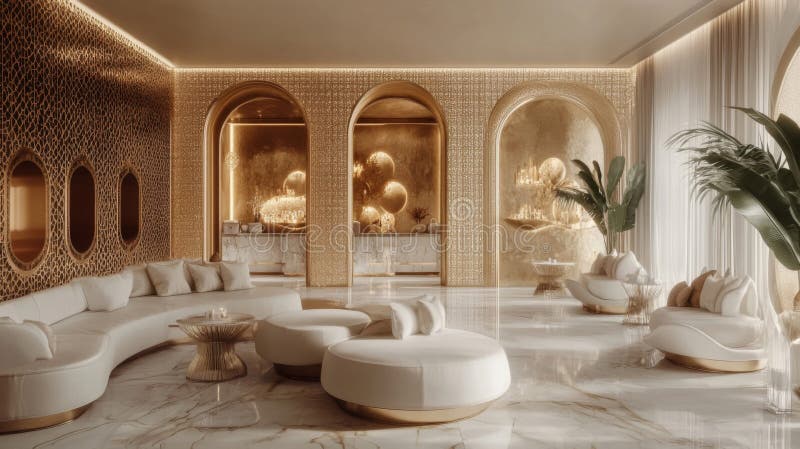 Luxurious Spa Lobby Interior Design with Golden Accents Stock ...