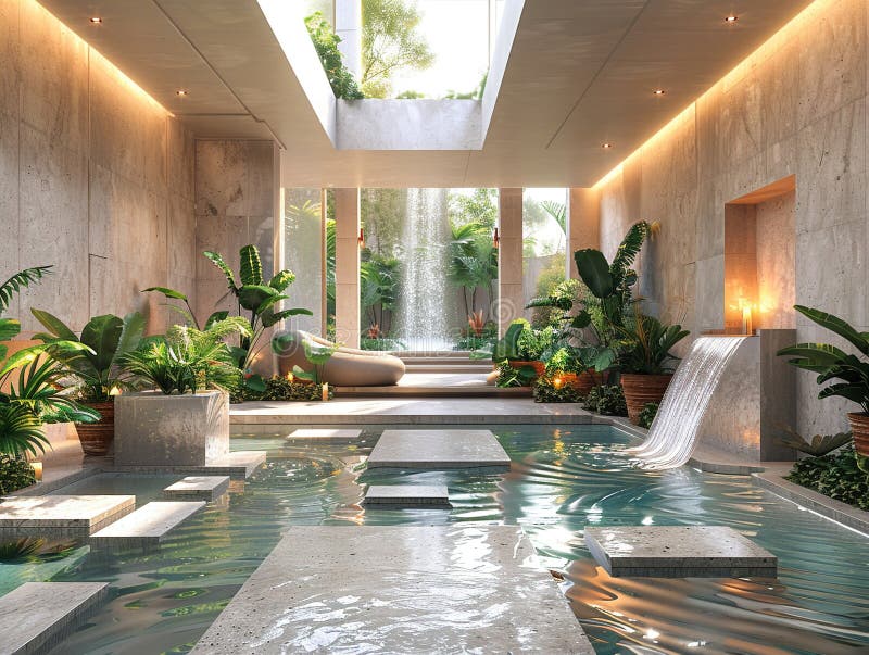 Luxurious Spa Reception with Water Features and Tranquil Music3D Render ...