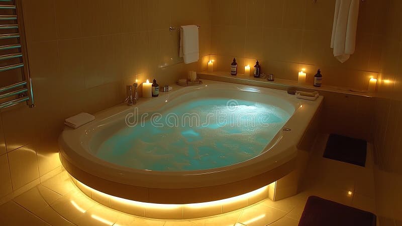 Luxurious Spa Setting Featuring a Relaxing Jacuzzi with Soft Lighting ...